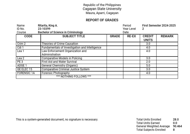 Code Subject Title Grade Re-Ex Credit Units Remark: Report of Grades | PDF