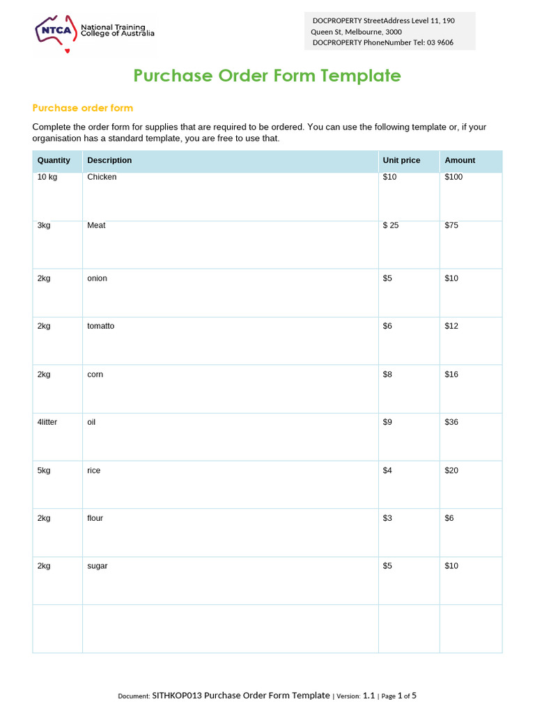 SITHKOP013 Purchase Order Form Template | PDF | Asian Cuisine | Western ...