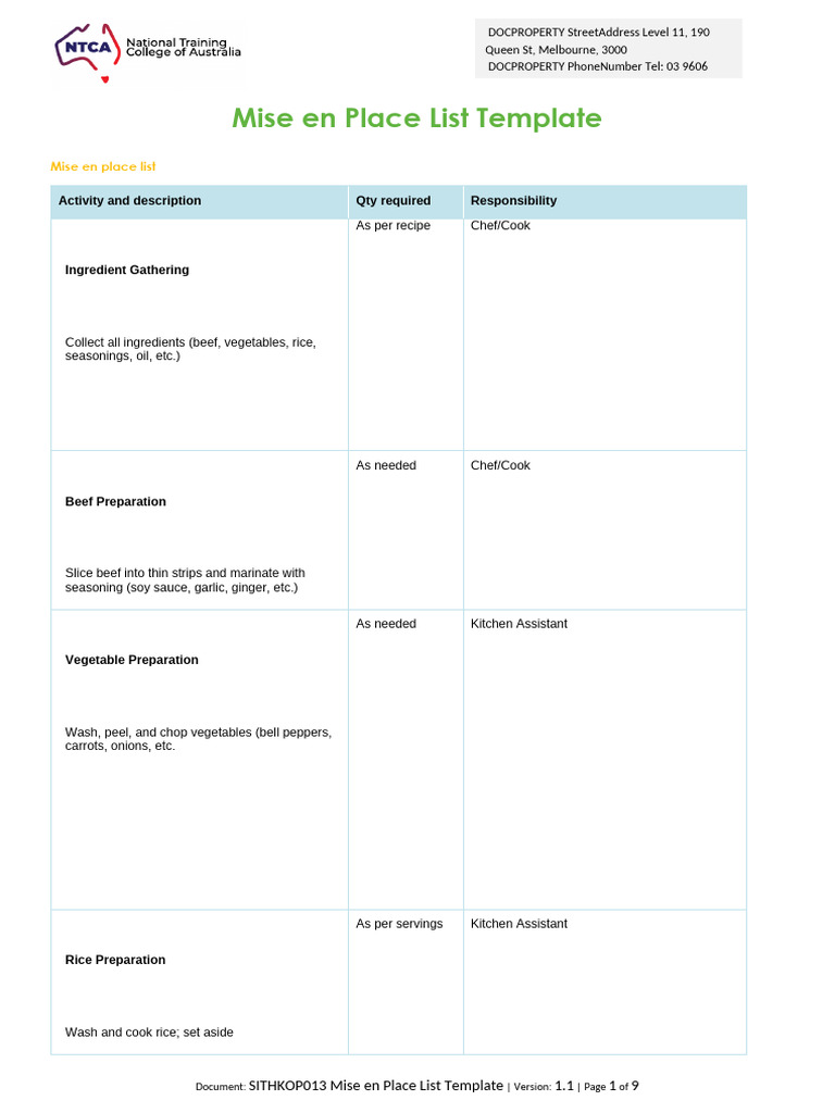 Mise en Place List Template Guide | PDF | Cooking | Cuisine