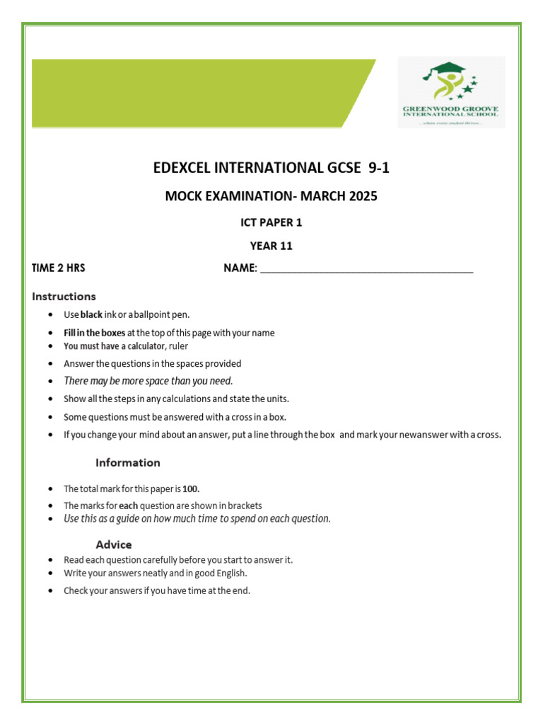 Edexcel IGCSE ICT Mock Exam 2025 | PDF | Telecommunications | Computer Architecture
