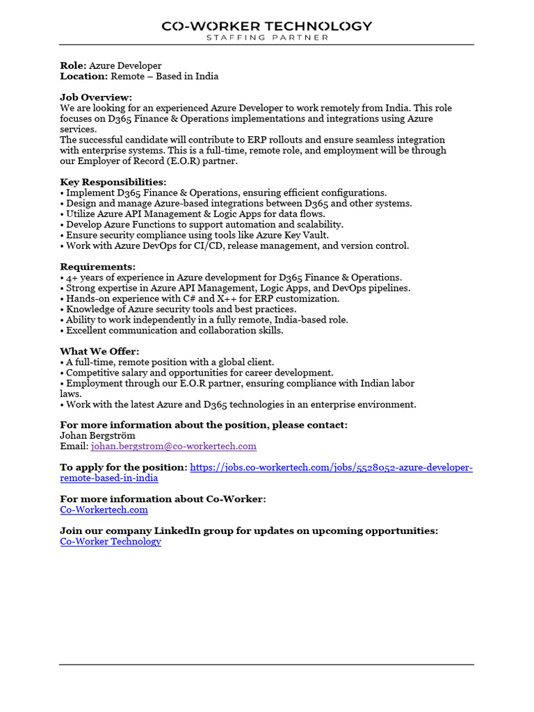 Azure Developer (Remote - Based in India) | PDF