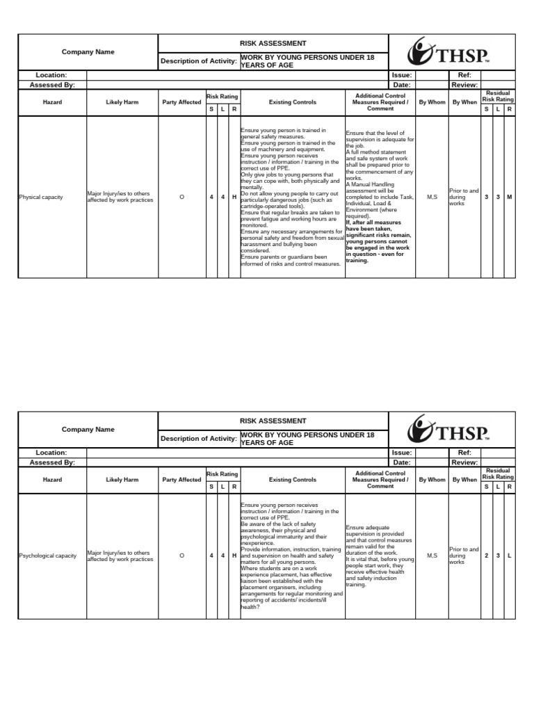 Young Persons Risk Assessment (2) | PDF | Occupational Safety And ...