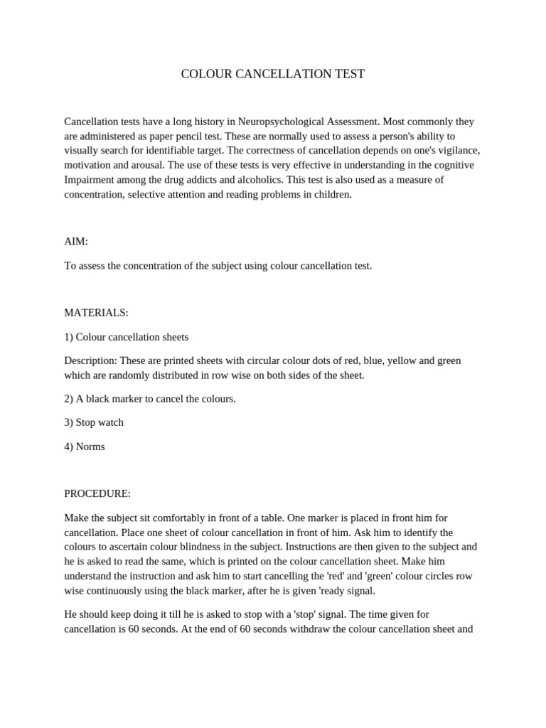 Colour Cancellation Test Procedure | PDF | Cognitive Psychology ...