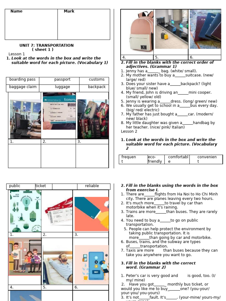 UNIT 7 TRANSPORTATION (Sheet 1) | PDF | Baggage | Vehicles