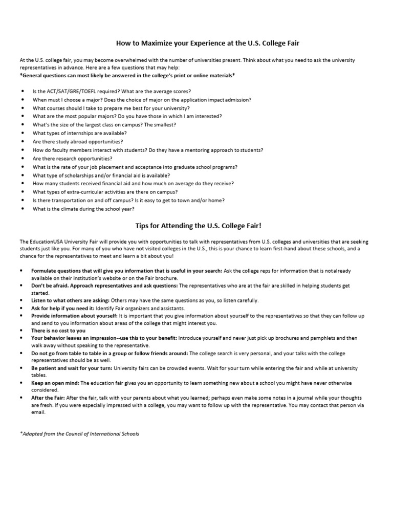 U.S. University Fair Tips Handout | PDF