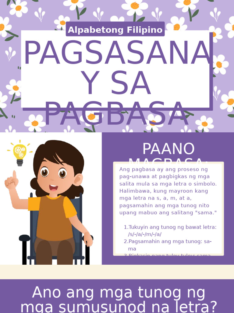 Pagsasanay Sa Pagbasa Alpabetong Filipino Presentation in Colorful Illustrative Style | PDF