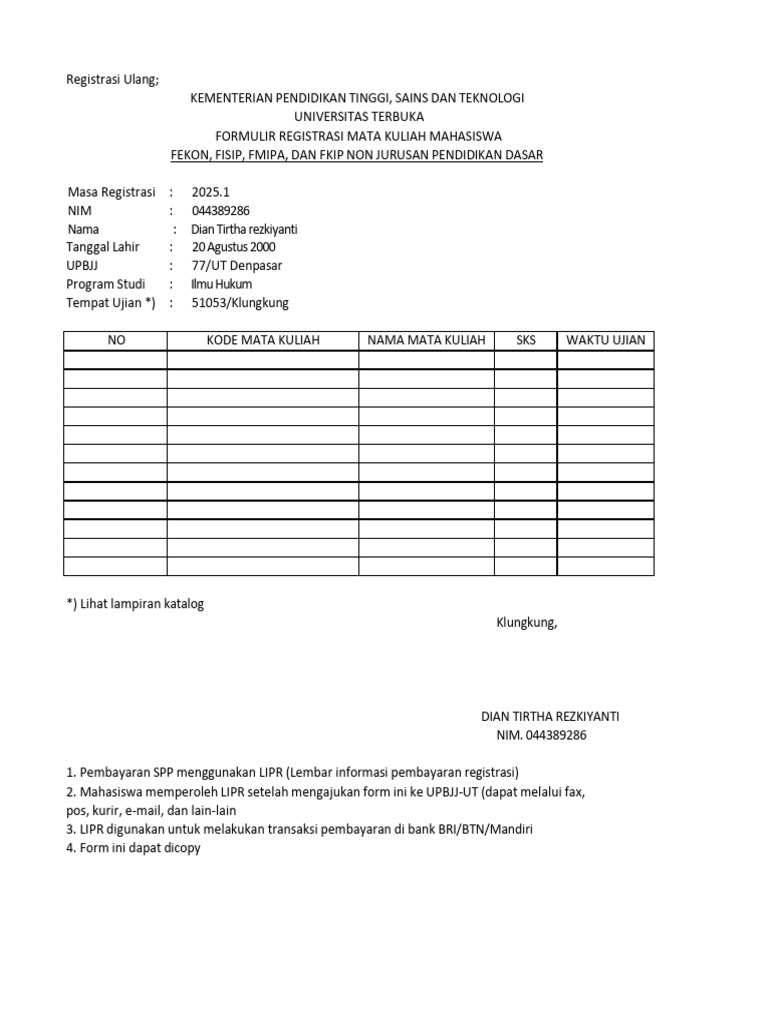 Formulir Registrasi Mata Kuliah | PDF