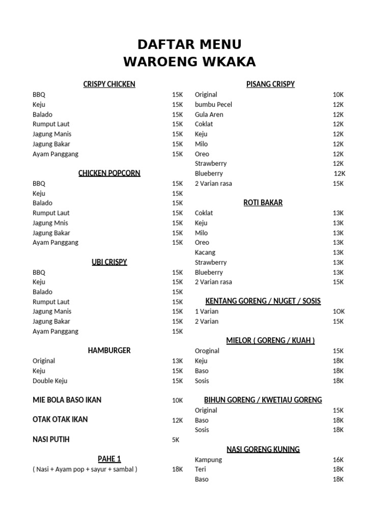 Menu Waroeng WKAKA Semeja Eatery | PDF