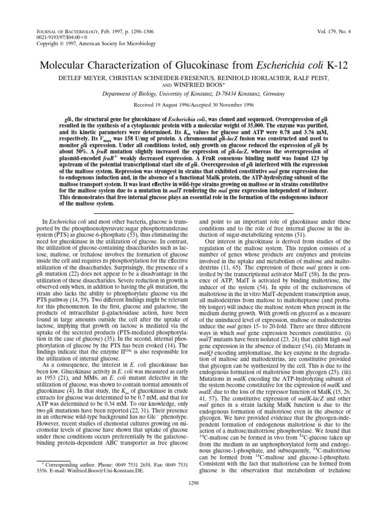 Meyer Et Al 1997 Molecular Characterization of Glucokinase From Escherichia Coli K 12 | PDF ...