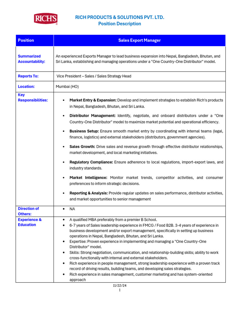 JD - Sales Export Manager | PDF | Leadership | Sales