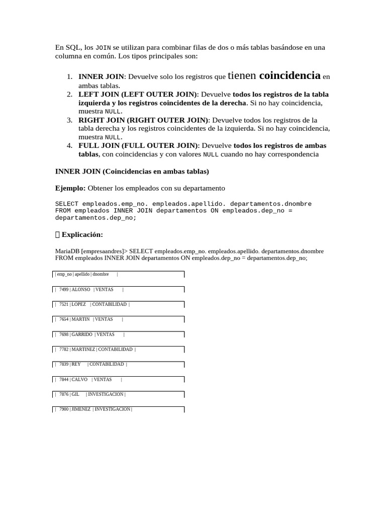 Los Join en Bases de Datos Relacionales | PDF | SQL | Bases de datos