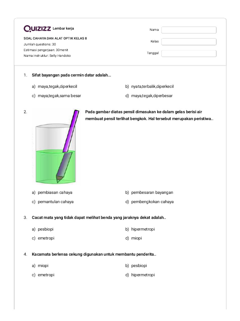 Soal Cahaya dan Alat Optik Kelas 8 | PDF