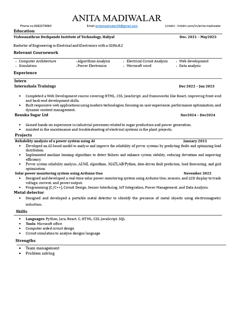 Anita B M (Resume) | PDF | Artificial Intelligence | Intelligence (AI) & Semantics