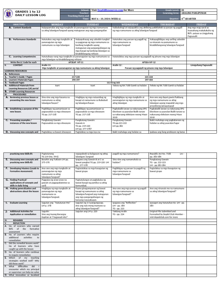 Monday Tuesday Wednesday Thursday Friday: GRADES 1 To 12 Daily Lesson ...