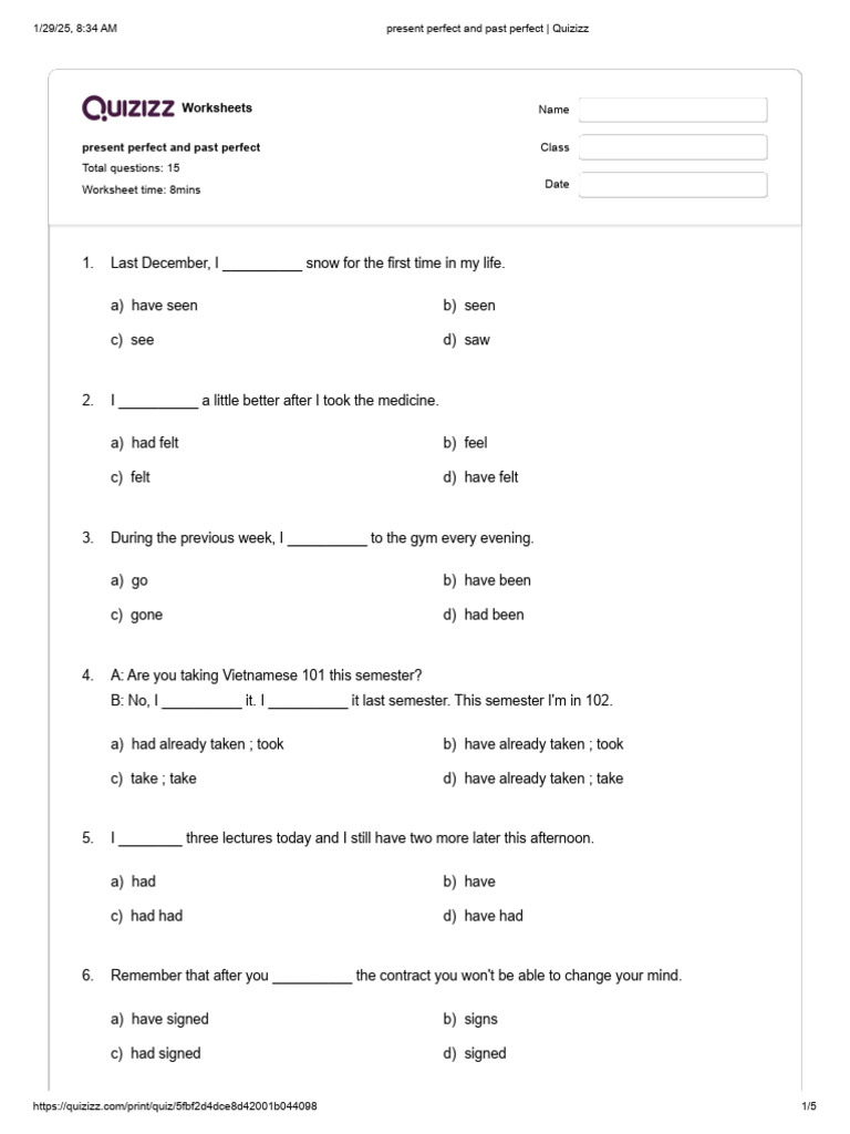 present perfect and past perfect _ Quizizz4 | PDF