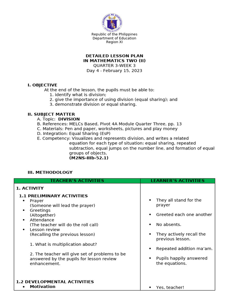 CO3-MATH-DIVISION-2023-2024-1 | PDF | Lesson Plan | Behavior Modification
