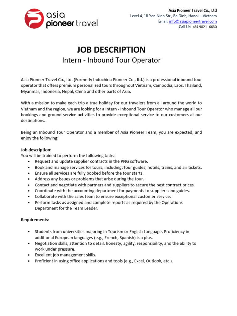 JD Intern - Inbound Tour Operator - Asia Pioneer Travel (2025) | PDF