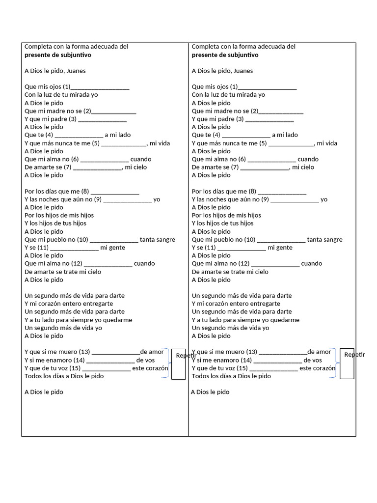 Completa el subjuntivo en "A Dios le pido" | PDF