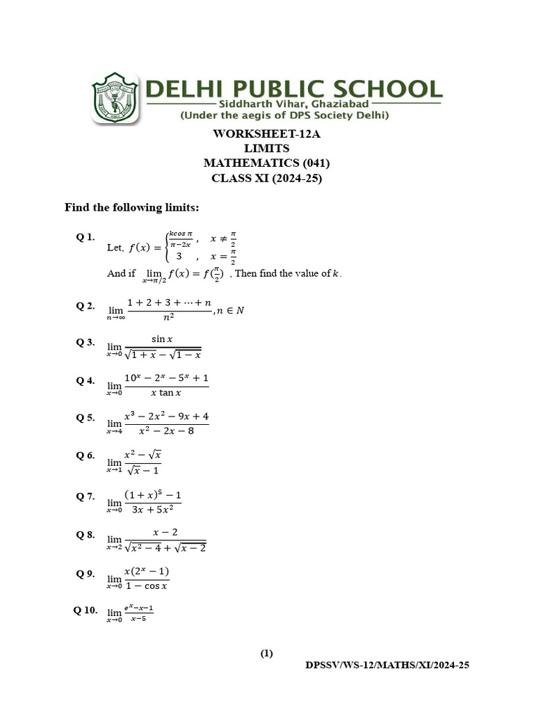 Worksheet-12a Limits Class Xi | PDF