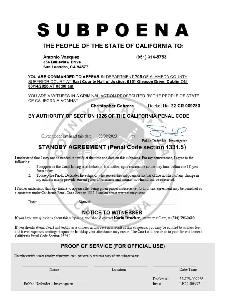 Subpoena for Antonio Vasquez | PDF | Subpoena | Witness