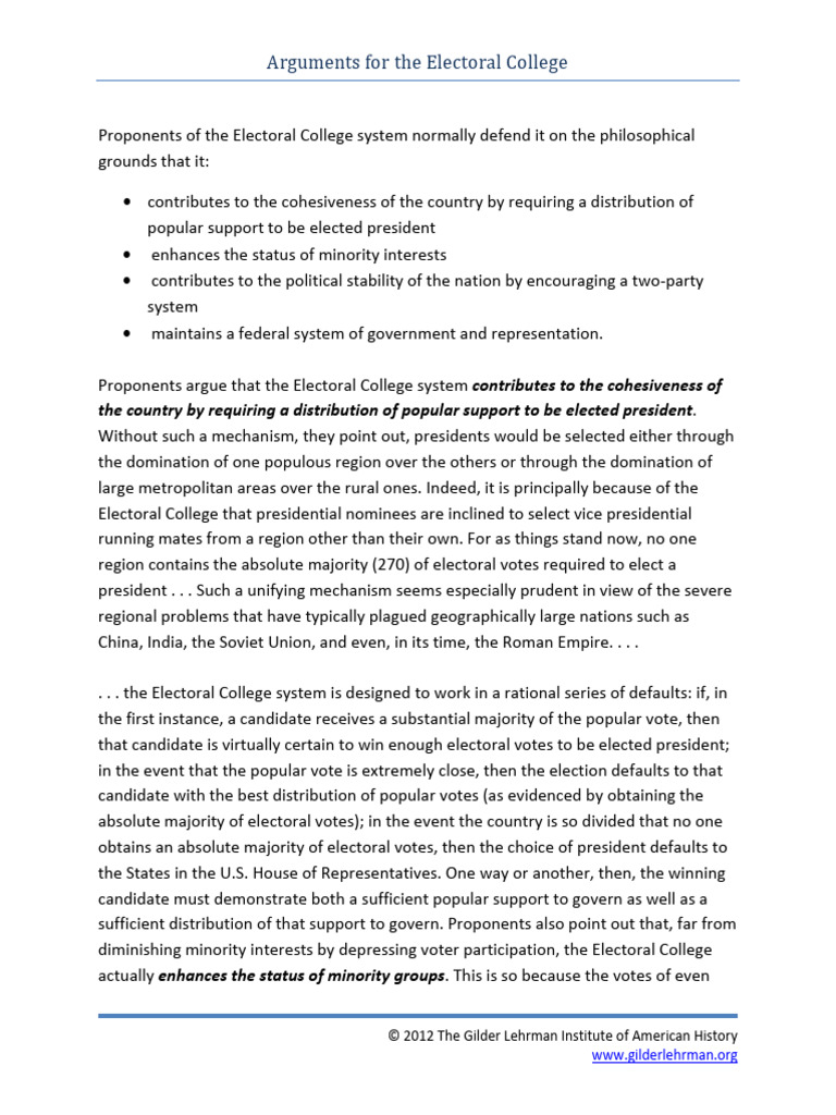 Arguments For The Electoral College - 0 | PDF | Voting | Elections