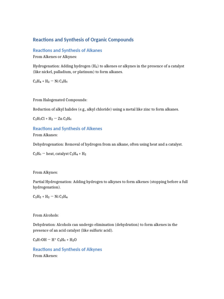 Organic Compound Reaction Synthesis Guide | PDF | Alkene | Ester