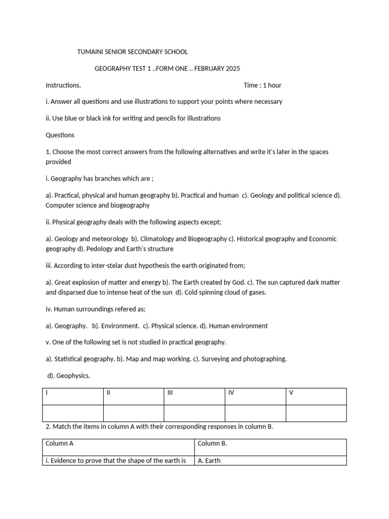 Geography Form One Test 1 | PDF | Planets | Earth