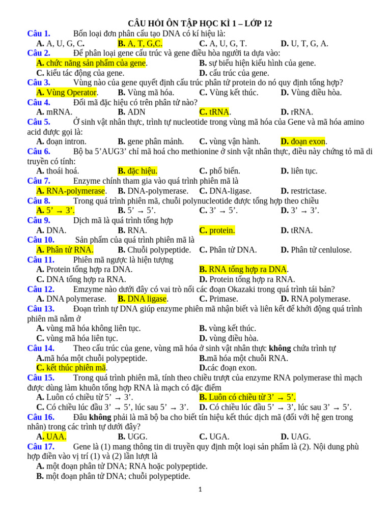CÂU HỎI ÔN HK1 12 hs SINH HỌC | PDF