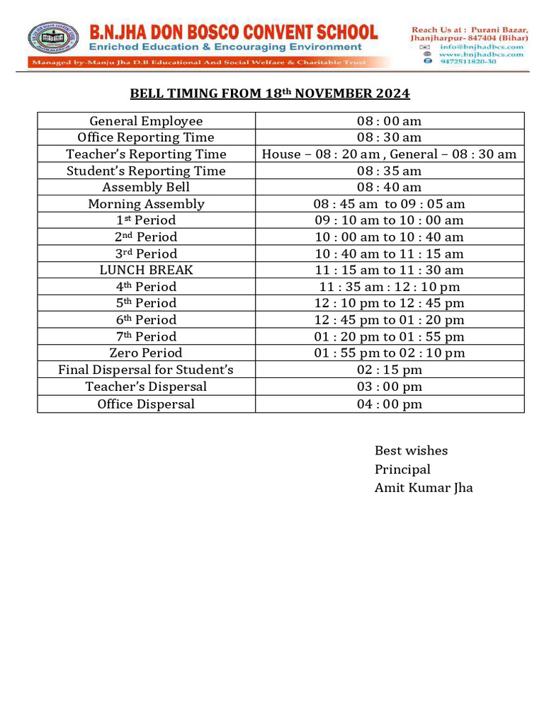 Bell Timing Schedule from Nov 2024 | PDF