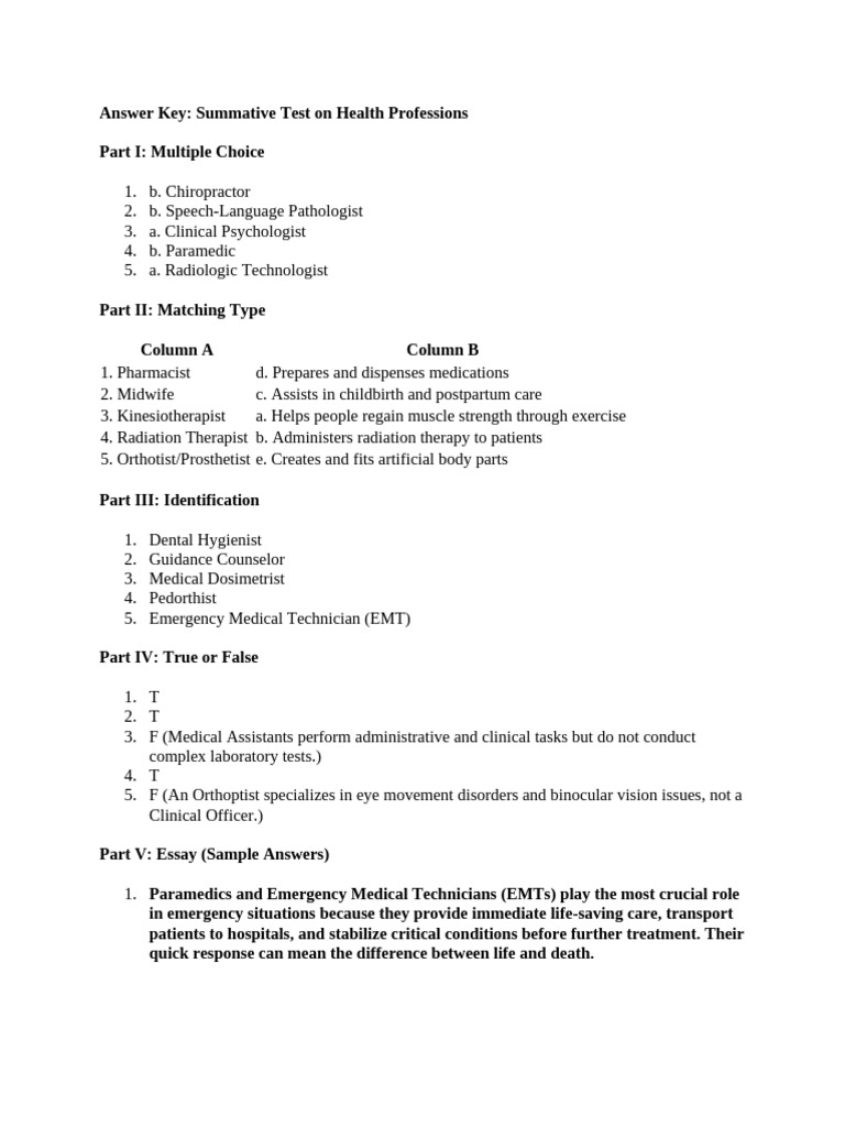 Health Professions Test Answer Key | PDF