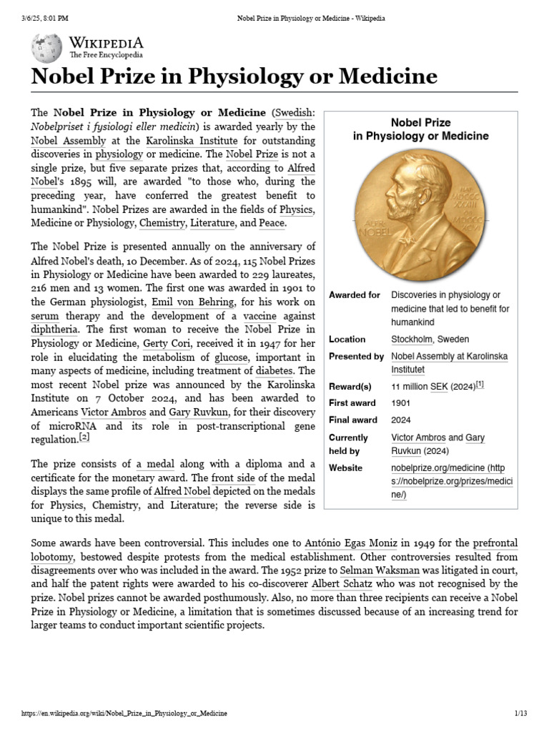 Nobel Prize in Physiology or Medicine - Wikipedia | PDF | Nobel Prize