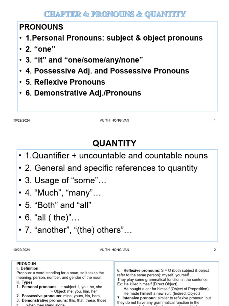 Lecture 5 - Pronouns Quantity | PDF | Pronoun | Plural
