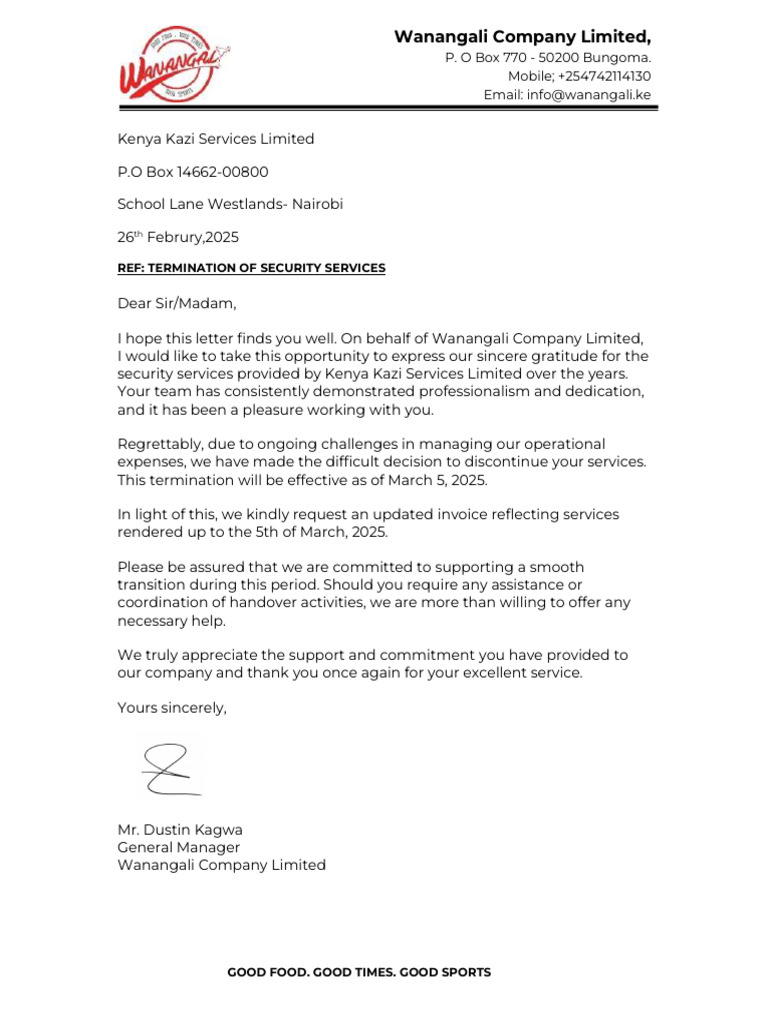 Termination of Security Services Notice | PDF