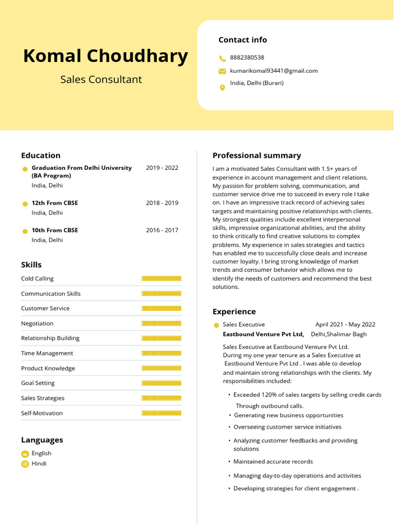 Komal Choudhary: Sales Consultant | PDF | Sales | Customer