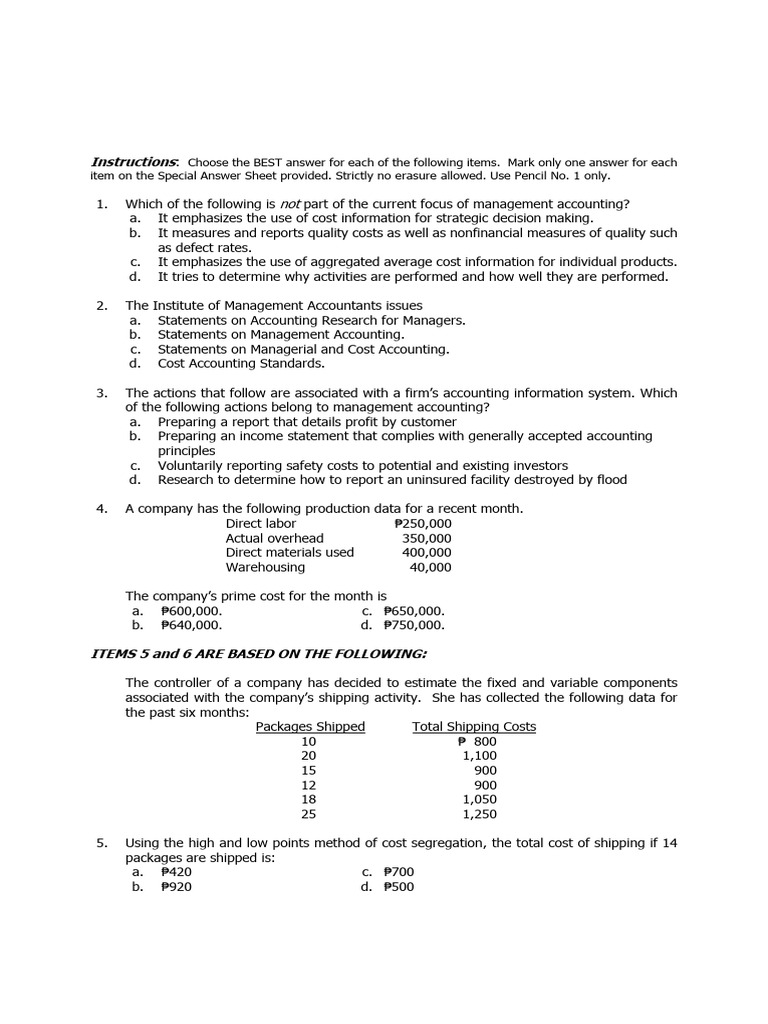 MAS Final Examination B96 - Questionnaire | PDF | Management Accounting ...
