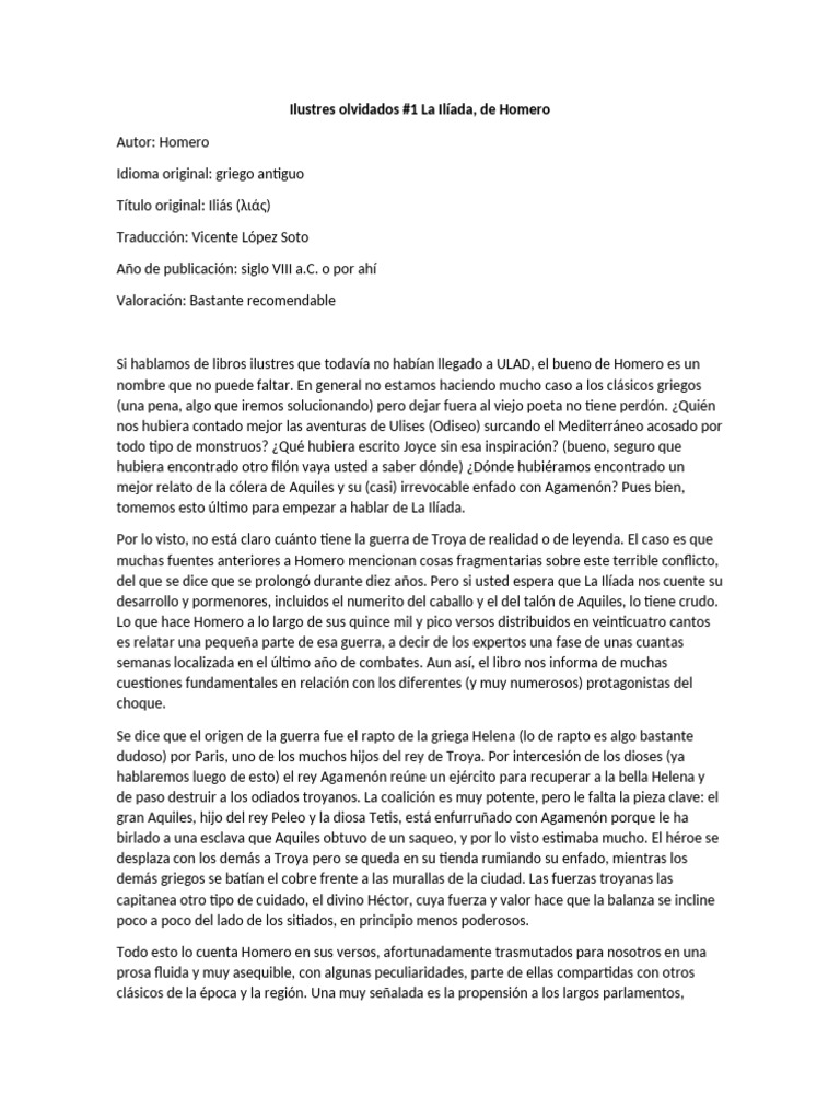 Reseña La Iliada | PDF | Aquiles | Helena de Troya