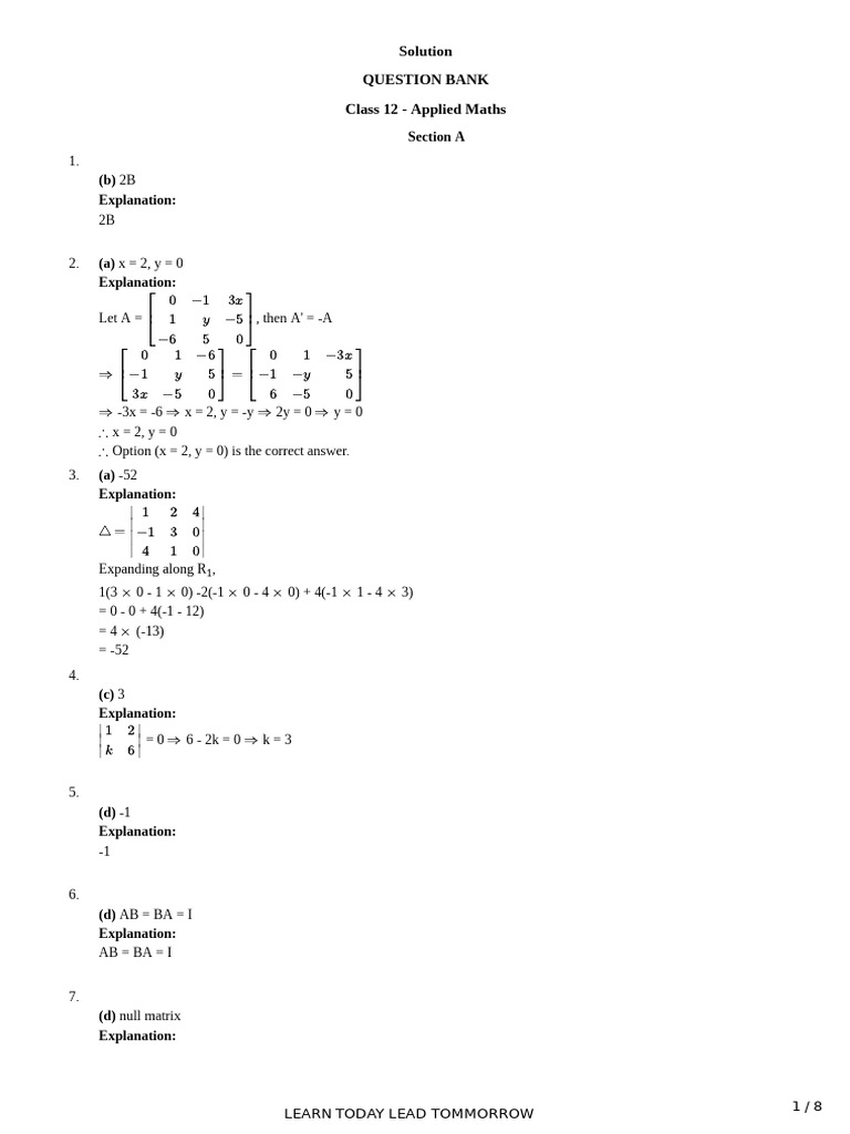 Question Bank Class 12 Applied Maths Solutions | PDF | Matrix ...