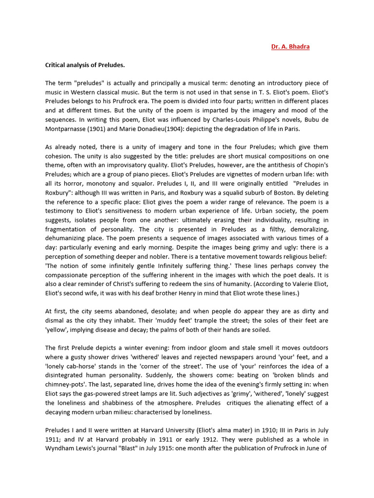 Critical Analysis of Preludes | PDF