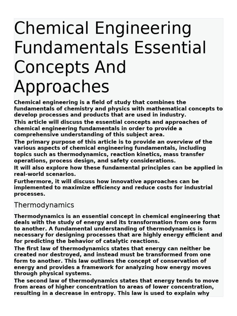 Chemical Engineering Fundamentals Essential Concepts and Approaches ...