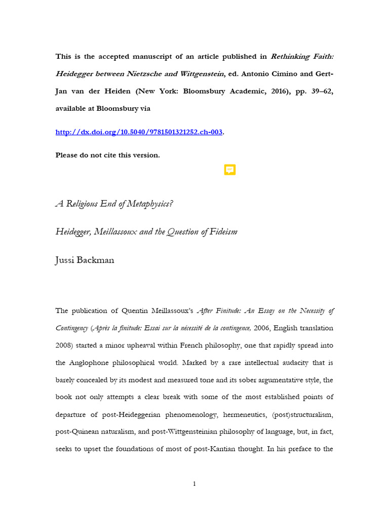 A Religious End of Metaphysics - Heidegger, Meillassoux and The ...
