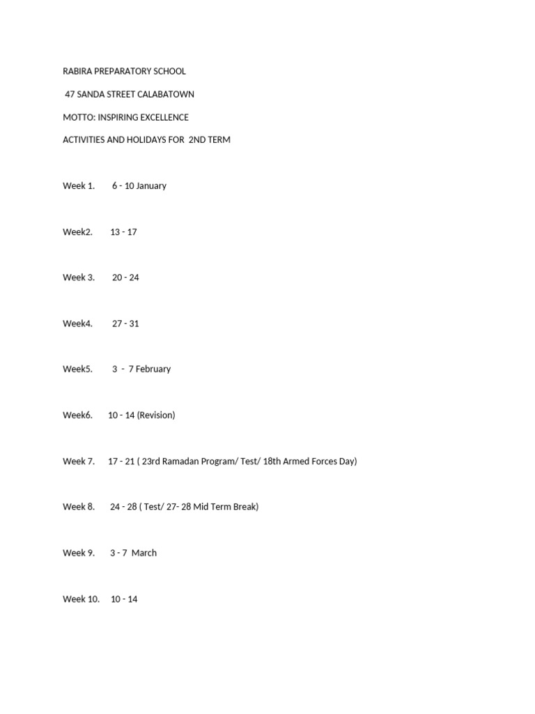Rabira Activities and Holidays For 2nd Term | PDF
