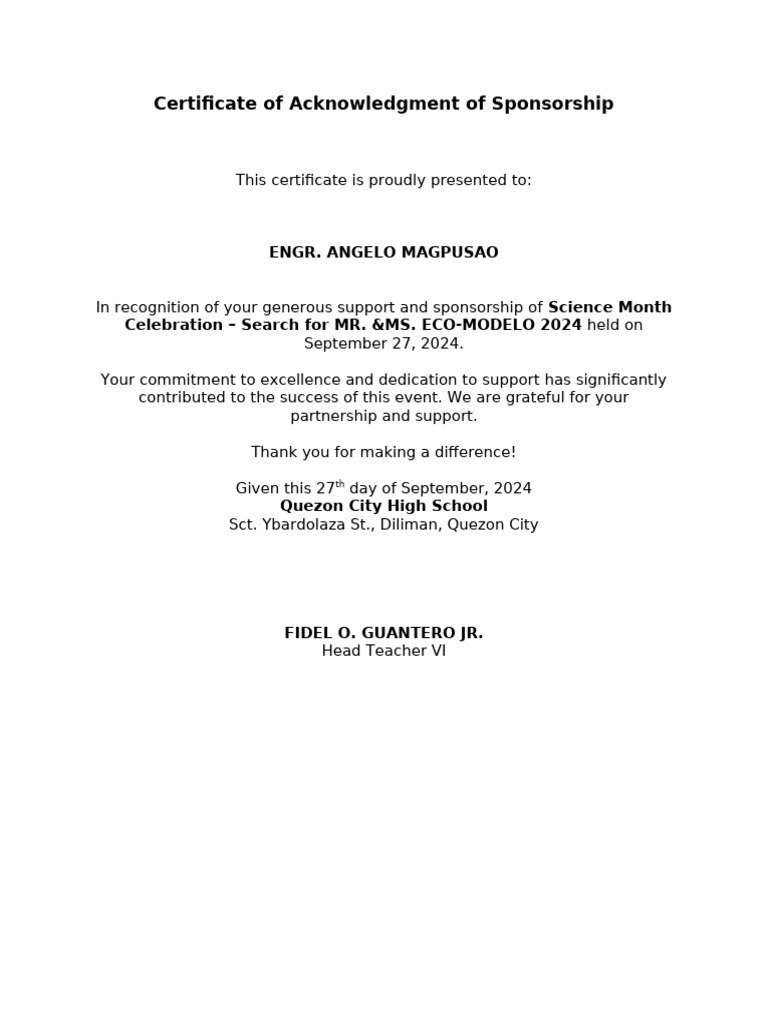 Certificate of Acknowledgment for Sponsorship | PDF
