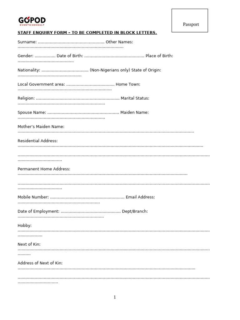 GOPOD Staff Enquiry FORM | PDF | Social Institutions