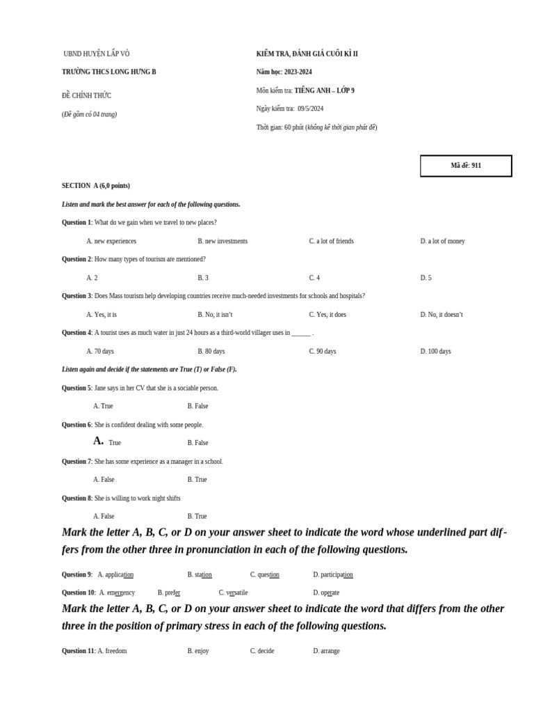 ĐỀ KT CK2 TA 9 2023-2024 | PDF | Earth | Sun