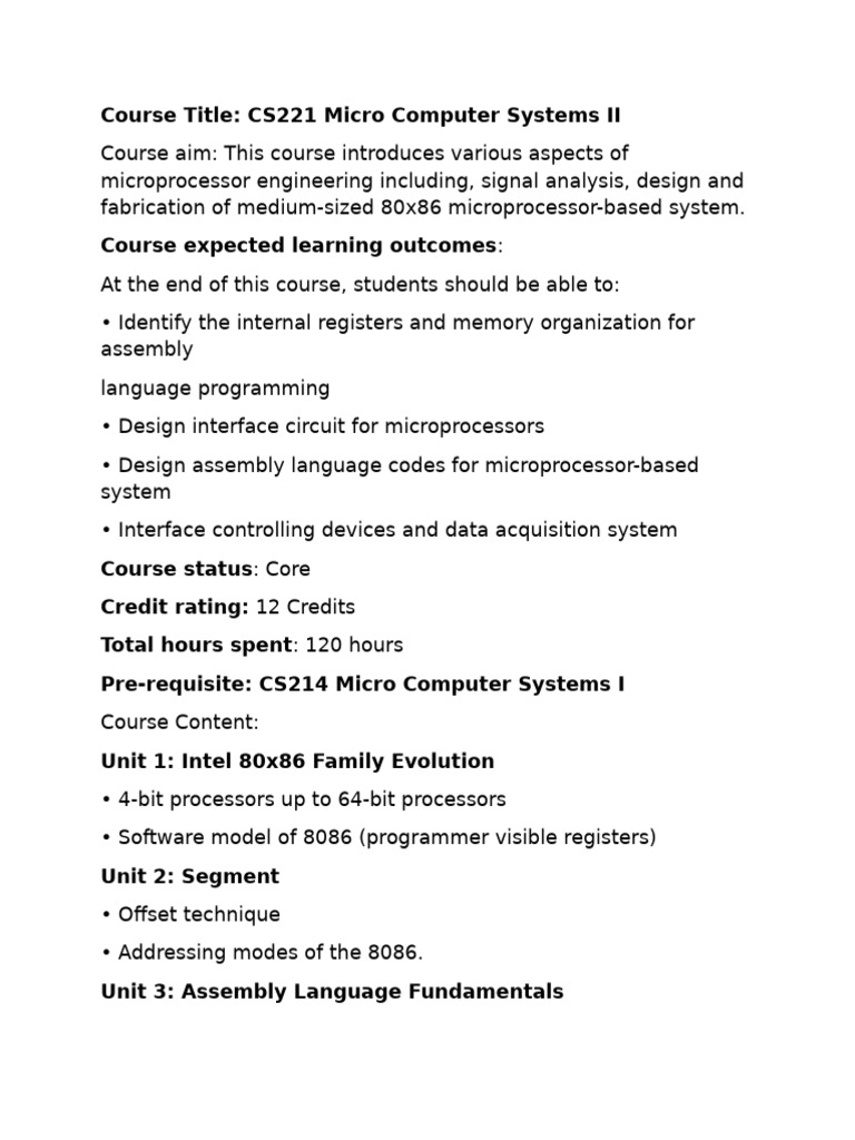 Course Title CS221 Micro Computer Systems II | PDF