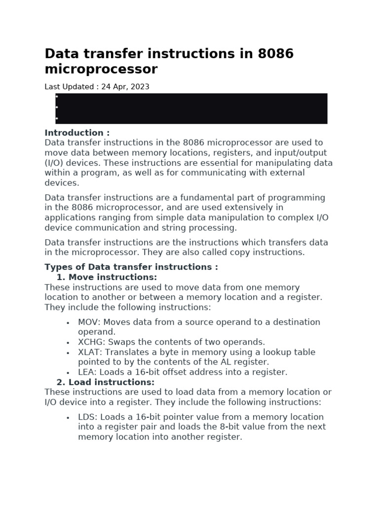Data Transfer Instructions in 8086 Microprocessor | PDF | Input/Output | Digital Electronics