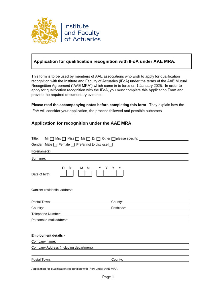 Application Form For Recognition With Ifoa Under Aae Mra | PDF