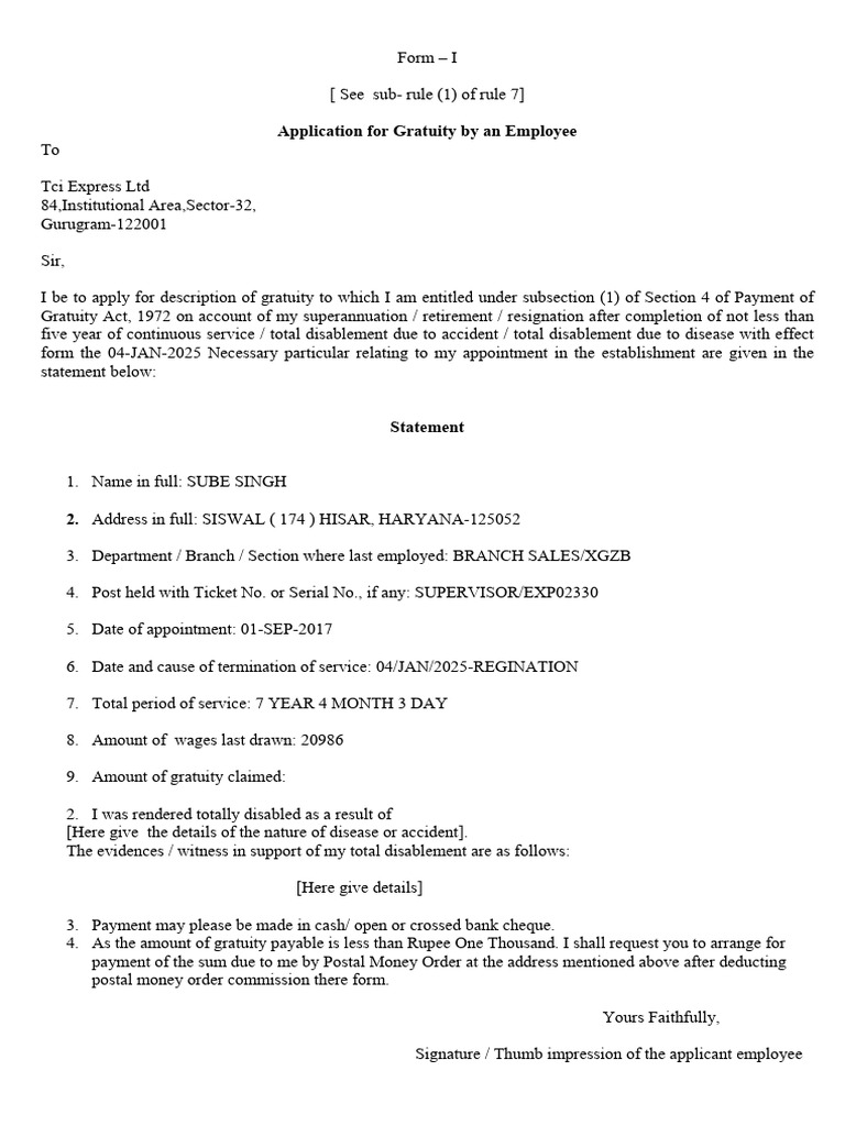 Gratuity Form-I (2) (1) (1) - 2025 | PDF