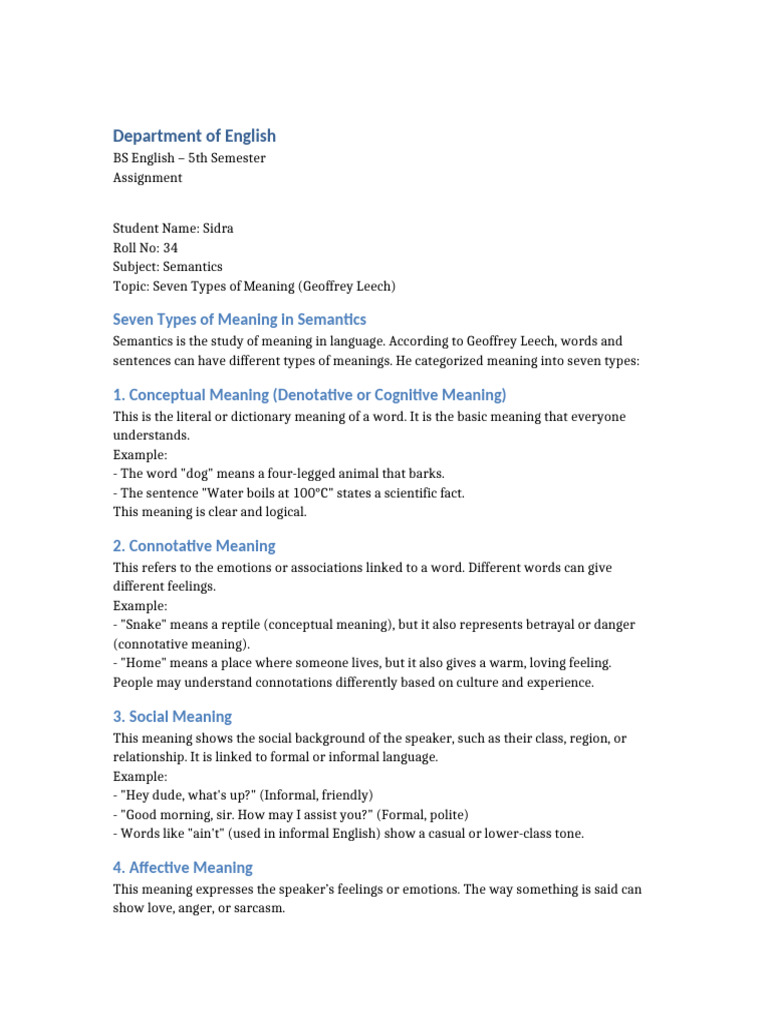Seven Types of Meaning in Semantics | PDF | Semantics | Psychology