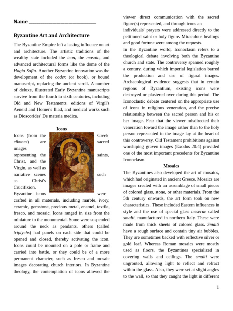 Byzantine Art and Architecture Docx Student RDG +qs | PDF